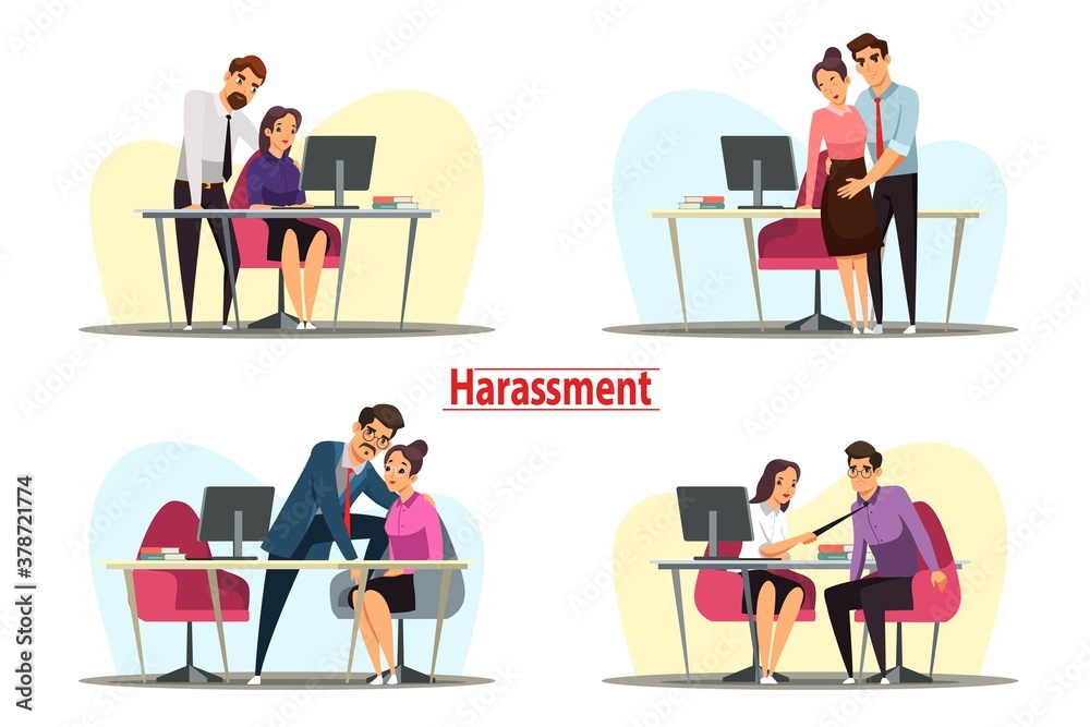 Sexual harassment, assault and abuse at office illustration set. Men ...