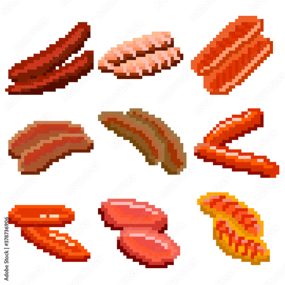 A set of nine food items consisting of pixels. Various sausages. Old ...