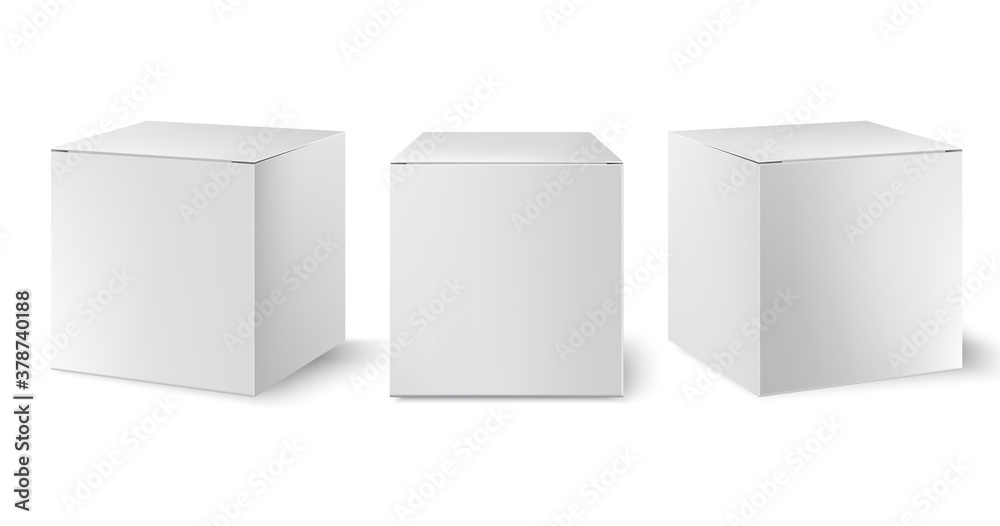 Set of three white boxes positioned at different angles. Realistic. 3D ...