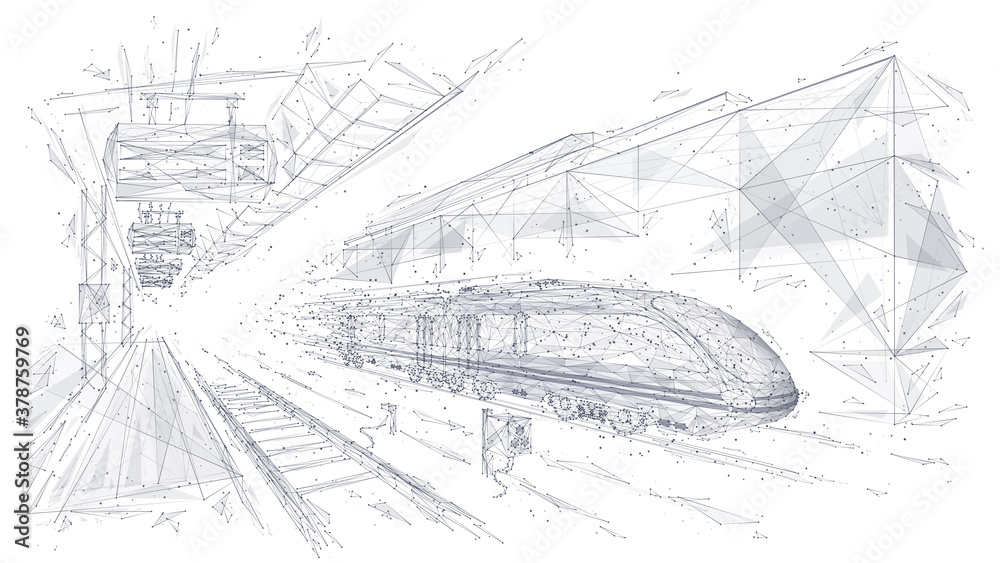 Abstract low poly 3d wireframe of modern train at railway station or ...