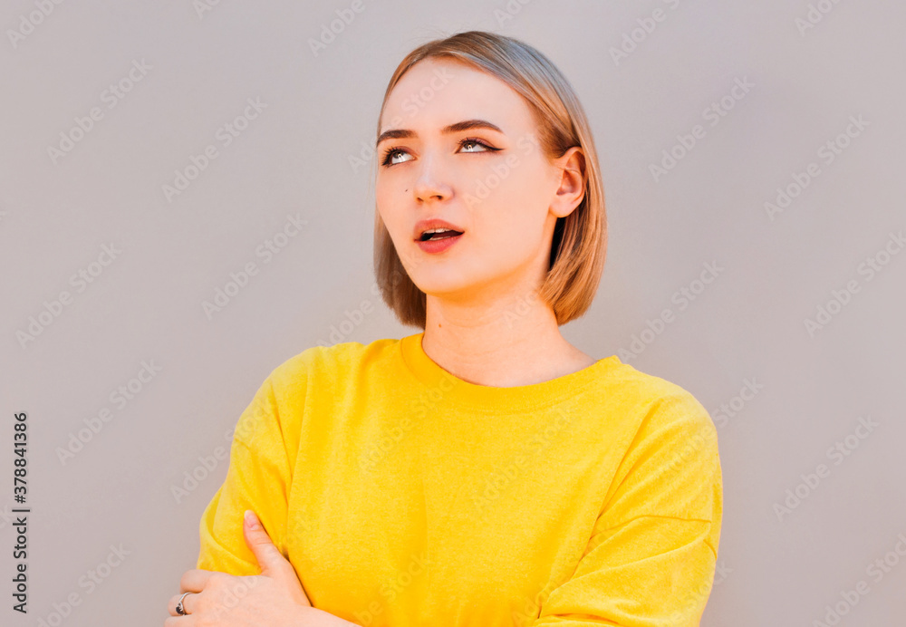 Arrogant facial expression, pre-teen girl rolled her eyes, background ...