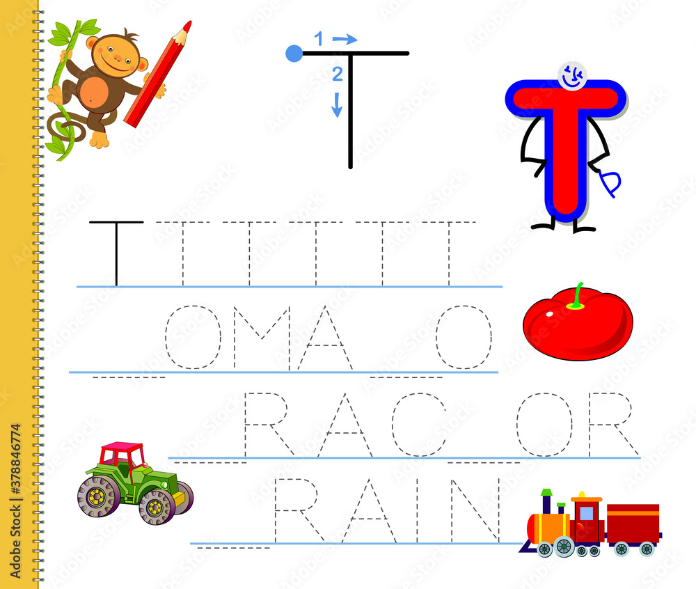 Learn to trace letter T. Study English words. Worksheet for children ...
