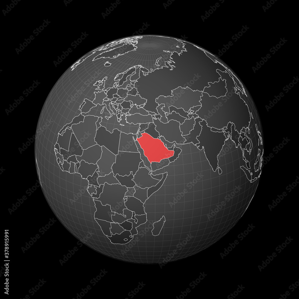 Dark globe centered on Saudi Arabia. Country highlighted in red on ...