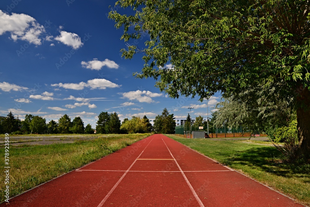 Red running track. Long Jump Pit In A Stadium. Ready for sports. Sports ...