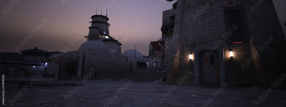 Futuristic fortress. Desert outpost against evening sky. Stone towers ...