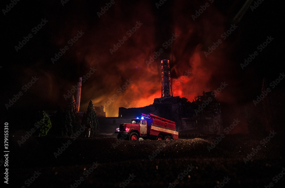 Chernobyl nuclear power plant at night. Layout of Chernobyl station ...