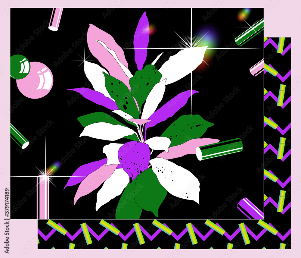 Retrowave / futuristic tropical flower and geometric shapes card design ...