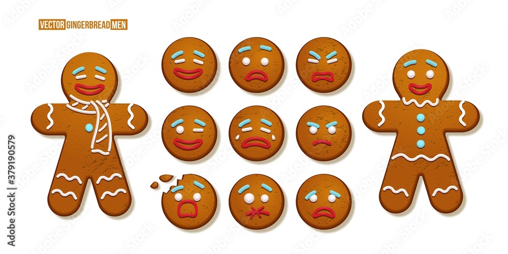 Gingerbread man cookies with different emotions set. Christmas holiday ...