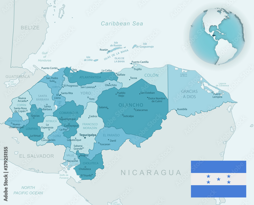 Blue-green detailed map of Honduras administrative divisions with ...
