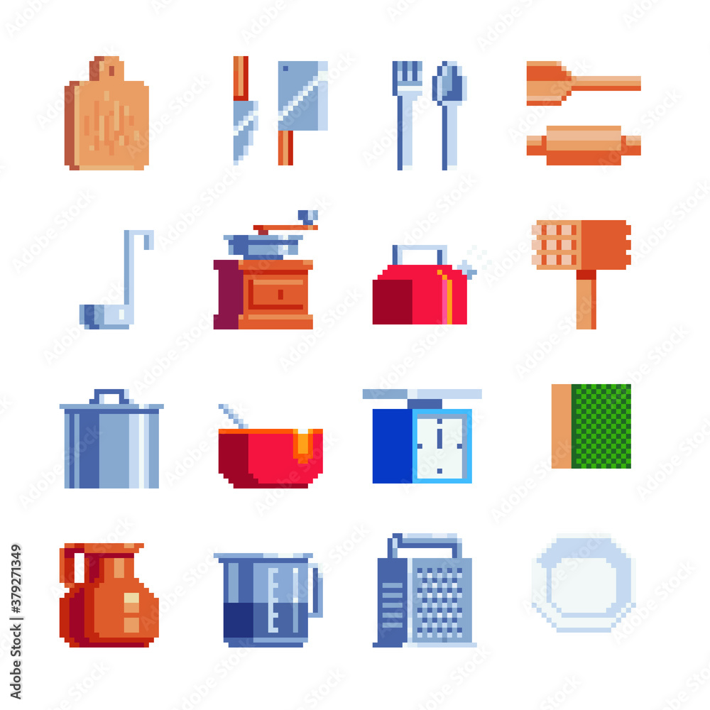 Kitchenware pixel art icon set isolated vector illustration 8-bit ...
