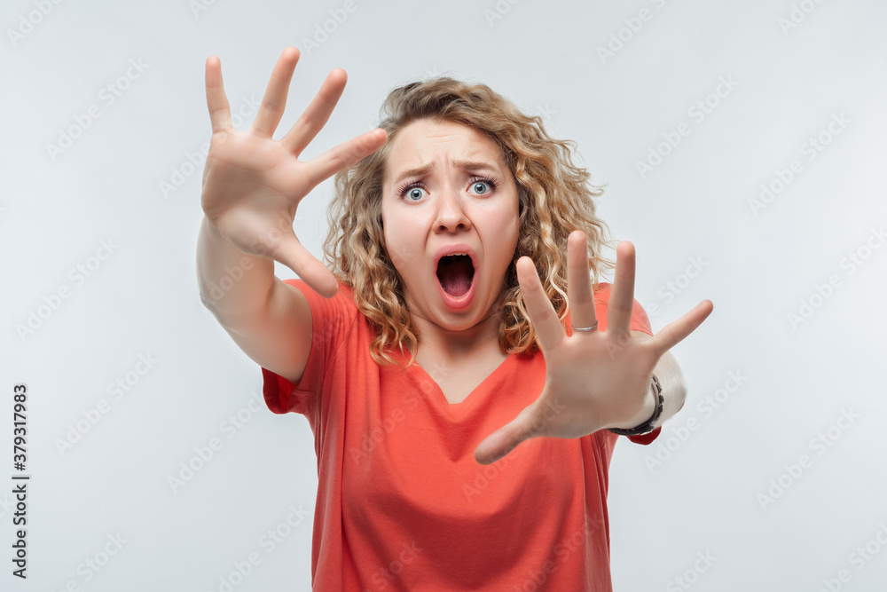Image of scared blonde girl. Fright, phobia and facial expression ...