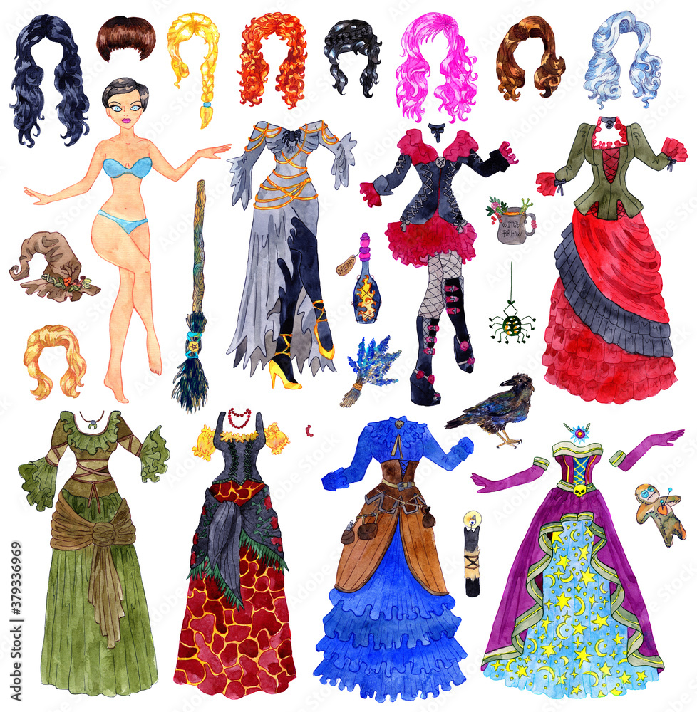 Big colorful set of dress up paper doll with Halloween witch costumes ...
