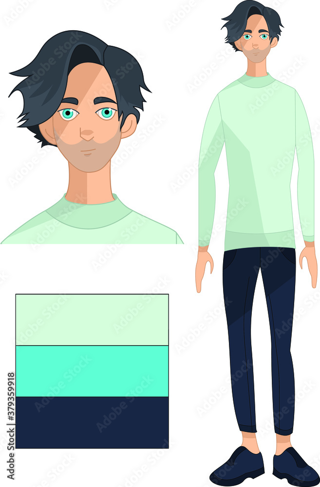 Cartoon brunette guy. Brown hair boy flat character with color scheme ...
