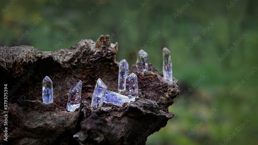 quartz crystals on nature forest background. Magic Rock for Crystal ...