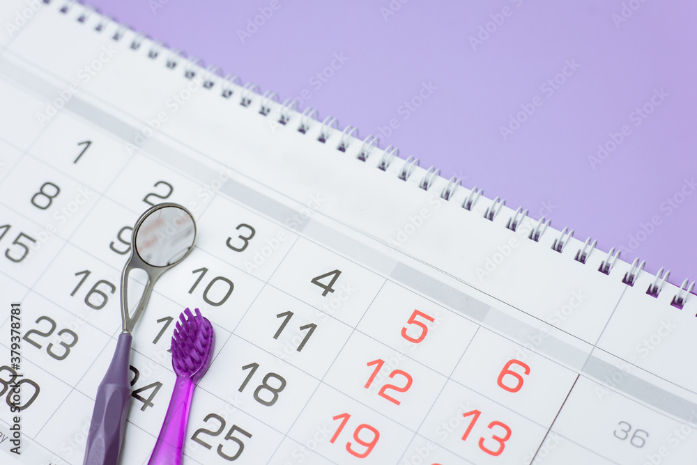 Dental health and teeth care concept. Toothbrush, dental instrument and ...