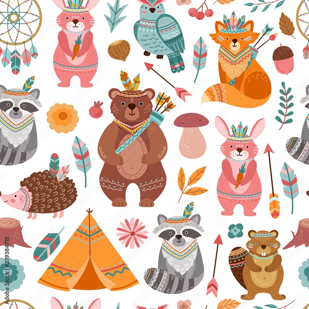 Cute tribal animal texture. Bright animals, woodland indian fox with ...