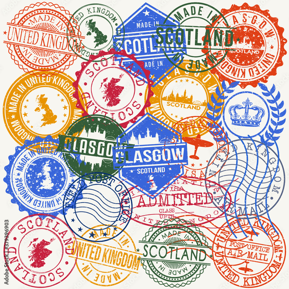 Glasgow Scotland Set of Stamps. Travel Stamp. Made In Product. Design ...