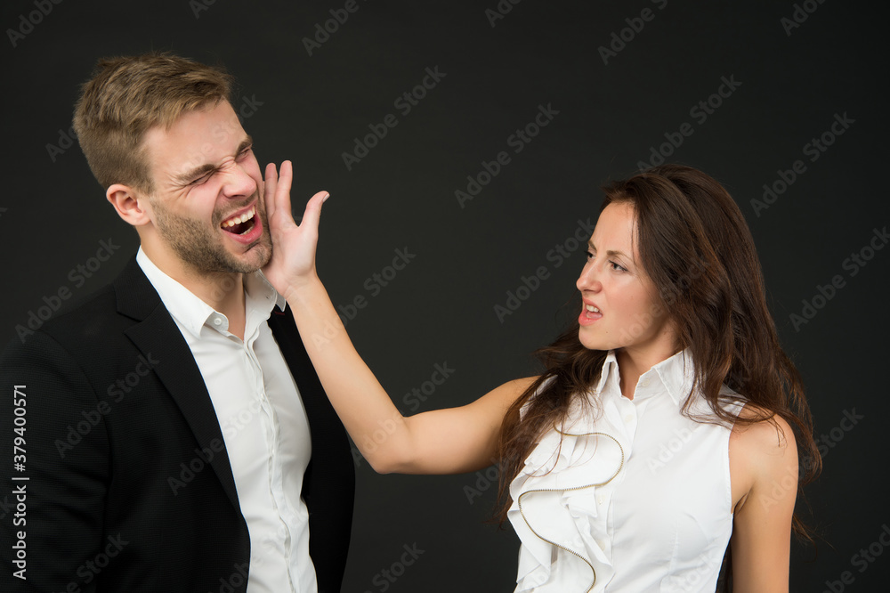 Abuse at work. Angry woman slap man in face. Using physical abuse in ...
