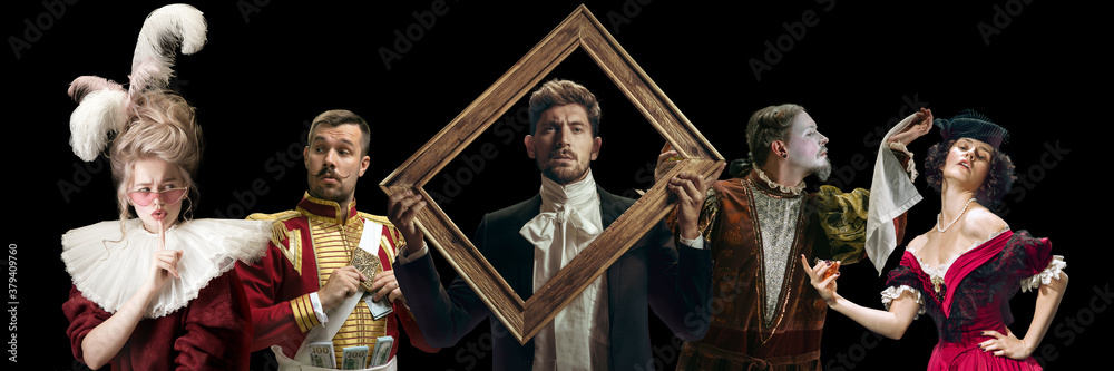 Photo Stock Framing. Collage on young people in medieval attire on dark ...