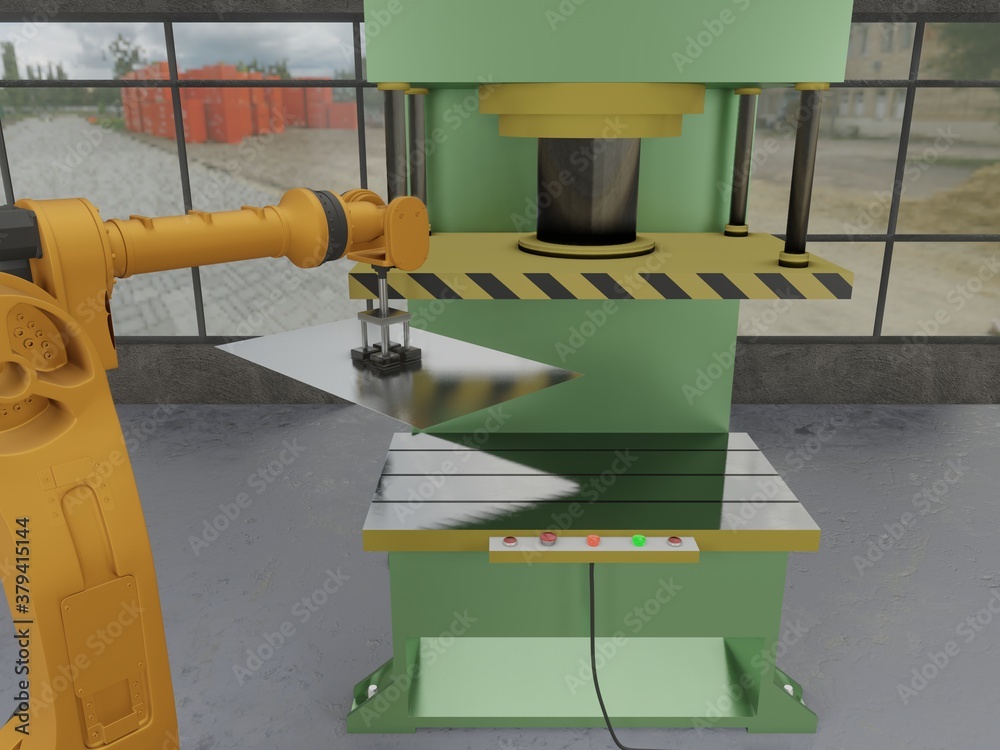 Automated manufacturing factory robotic arm loading metal sheet to ...