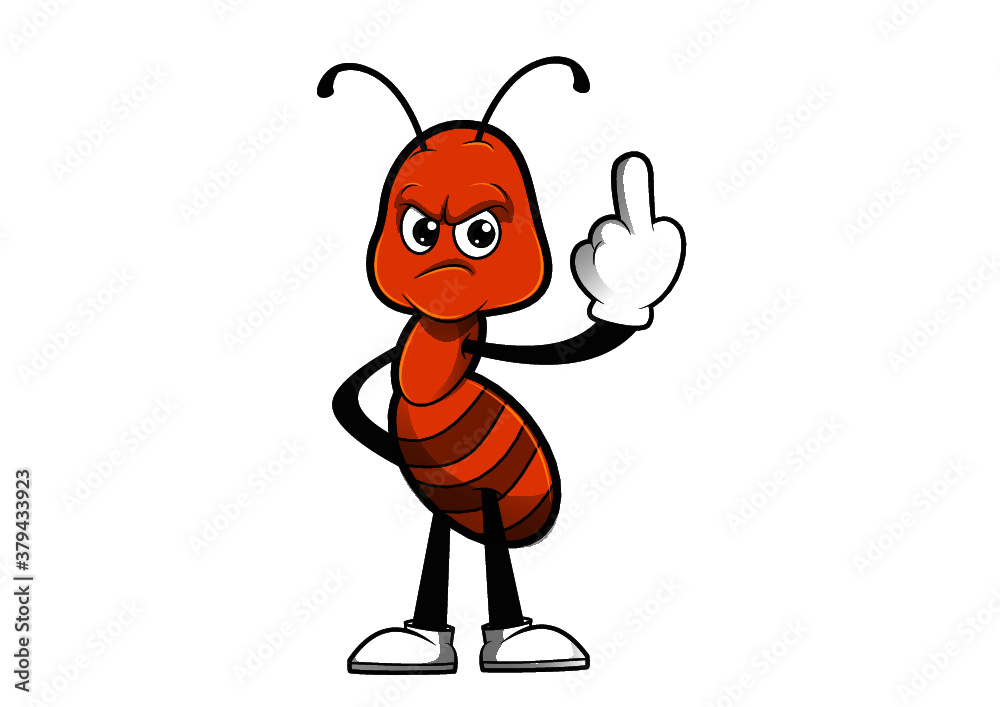 Cute angry ant cartoon character show middle finger on white background ...