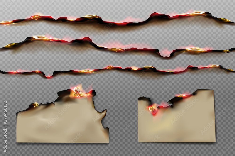 Burnt paper edges and parchment sheets with fire and black ash isolated ...