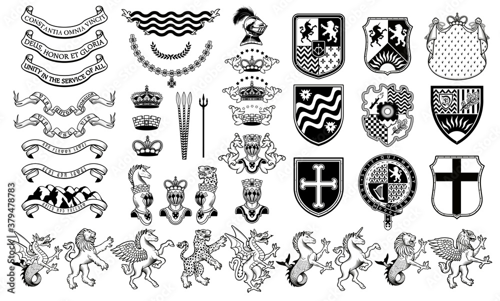 Vector heraldic set of illustration in vintage style with shield, crown ...