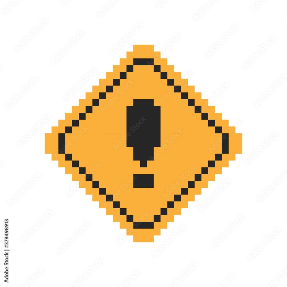 Pixel art 8-bit warning sign with exclamation symbol in yellow square ...