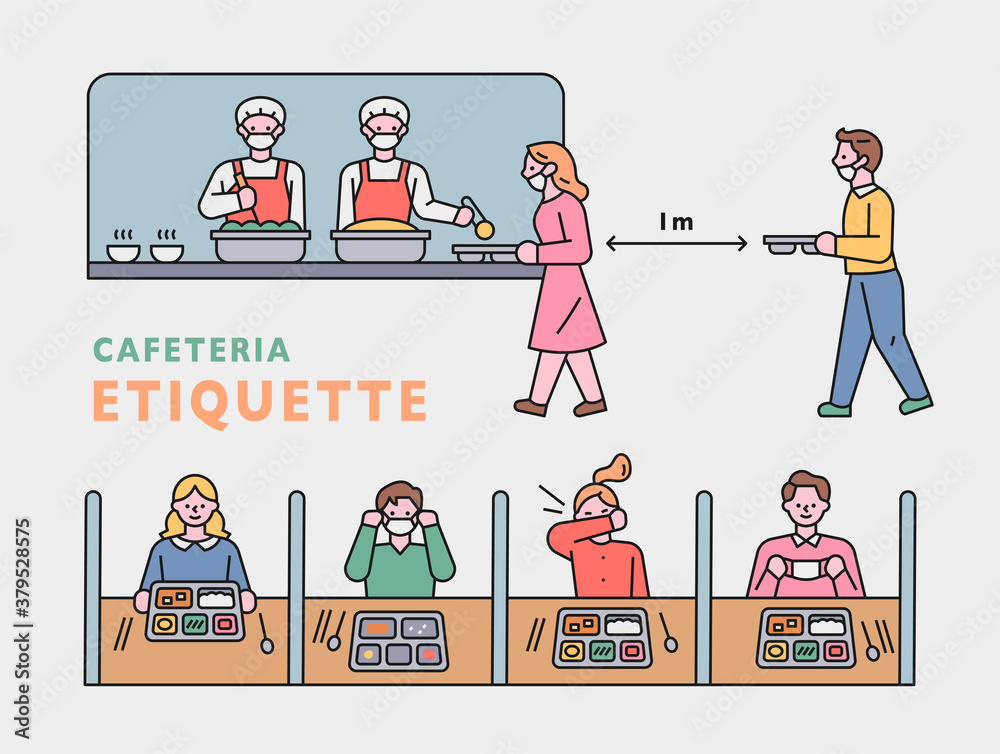 People who keep distance etiquette in cafeteria. flat design style ...