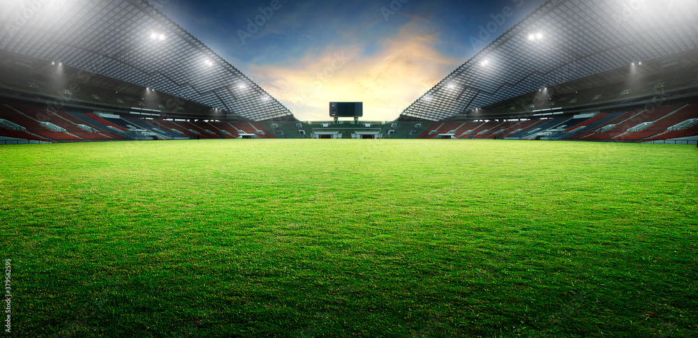 Sunset scene illumination soccer stadium and green grass field. 3D ...