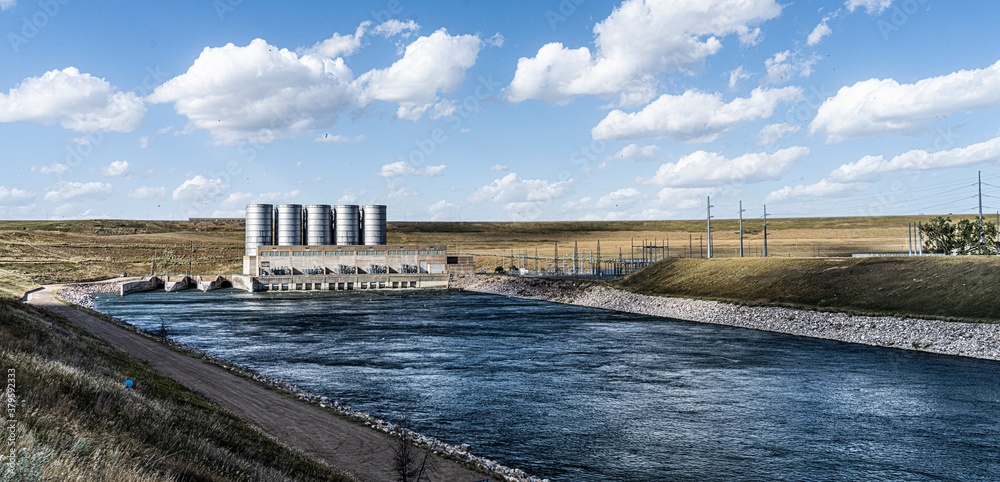 Garrison Dam Powerhouse and other assorted building, tanks around and ...