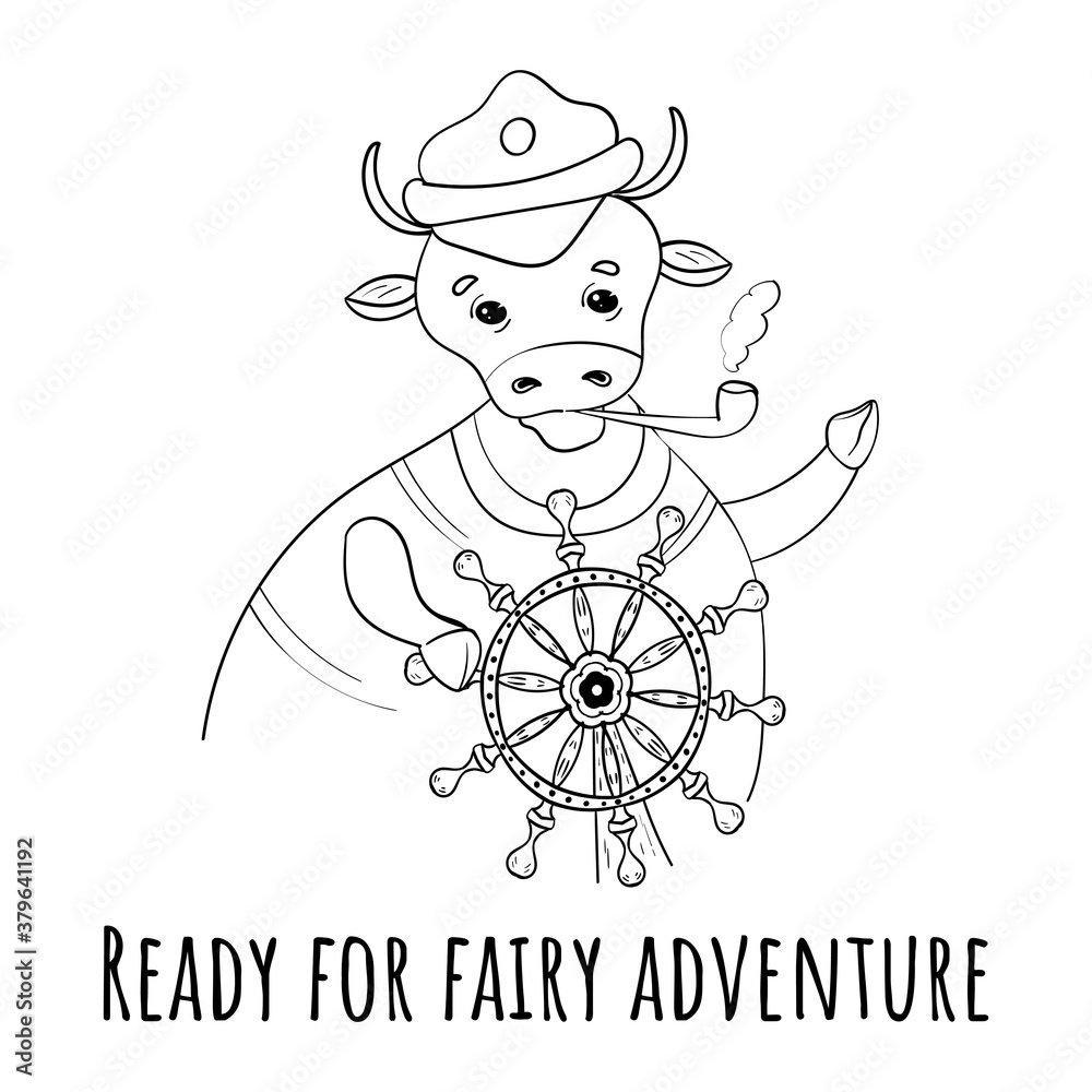 Bull traveler on Board the ship. Animal at the helm of a ship ...