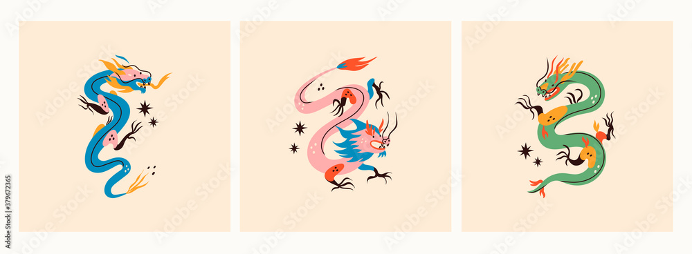 Three various cards with Dragons. Mythological creatures. Zodiac sign ...