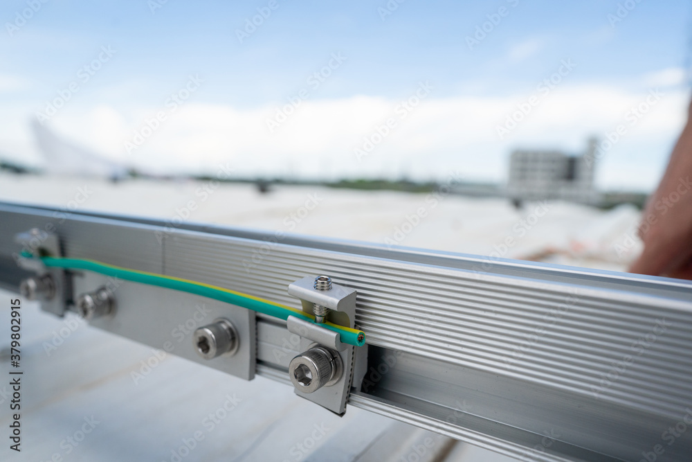 installing metal sheet bar frame and grounding system stock photo Stock ...