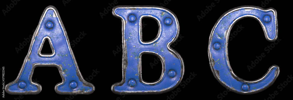 Set of uppercase letters A, B, C made of painted metal with blue rivets ...