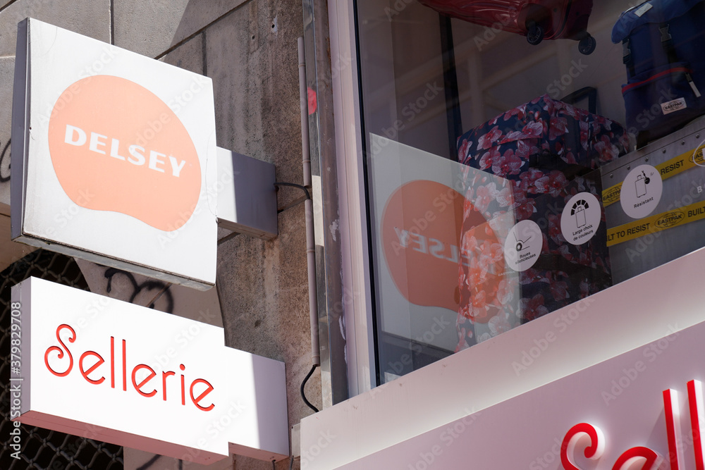 Delsey logo and text sign front of French company manufactures luggage ...