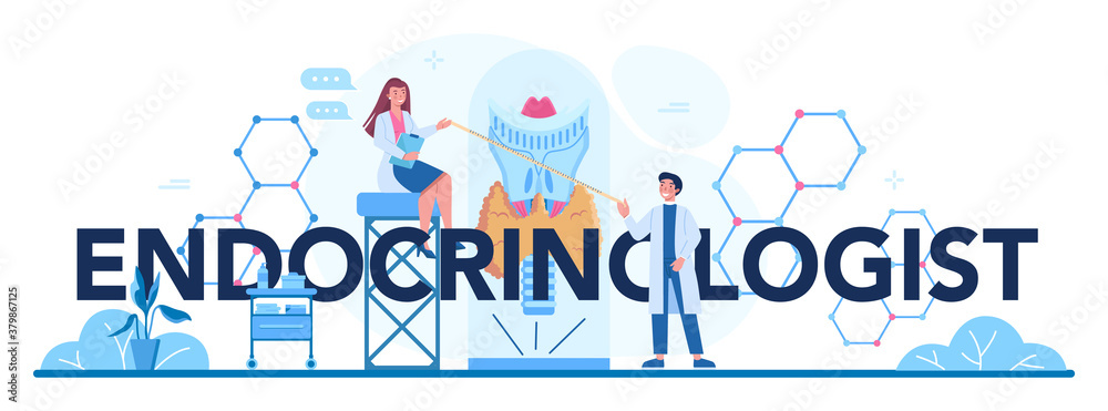 Endocrinologist typographic header. Thyroid examination. Doctor examine ...