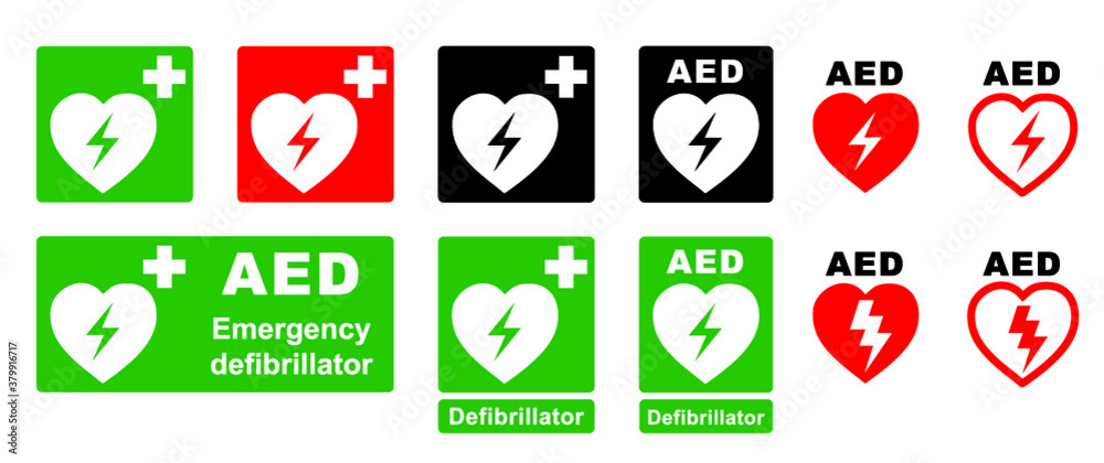 Emergency defibrillator AED AID CPR location signs Stop safety first ...