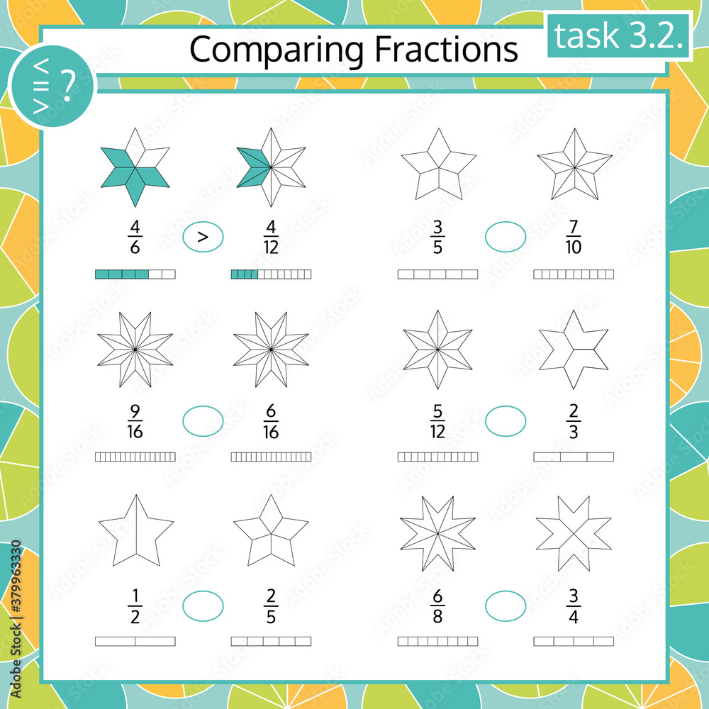 Comparing Fractions Mathematical Worksheet Set. Coloring Book Page ...
