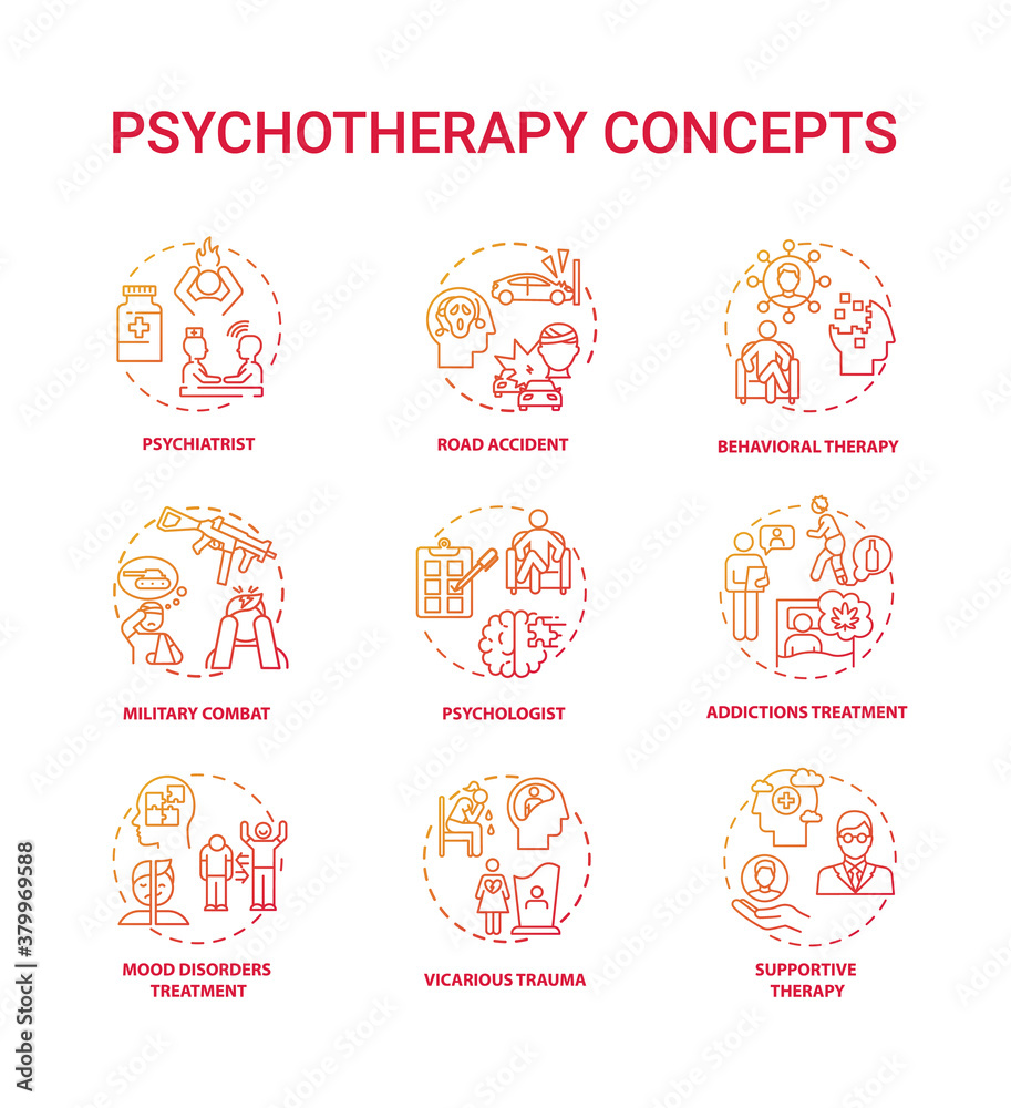 Psychotherapy concept icons set. Mental health treatment idea thin line ...