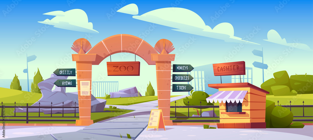 Zoo gates with pointers to wild animal cages monkeys, crocodiles ...