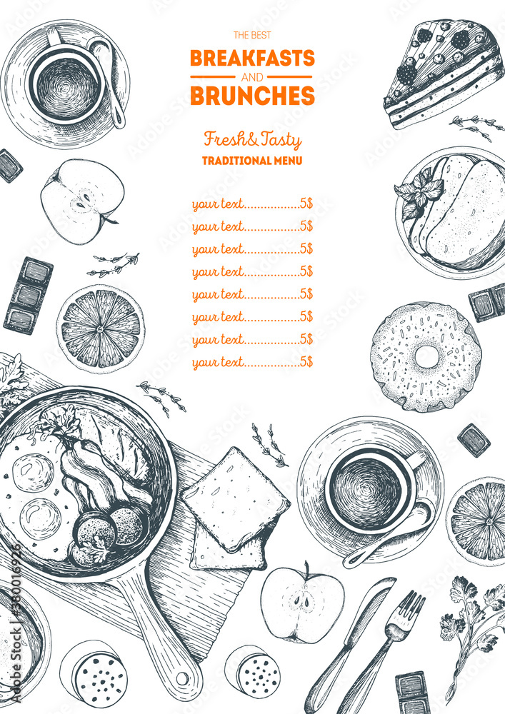 Brunch and breakfast top view frame. Food menu design. Vintage hand ...