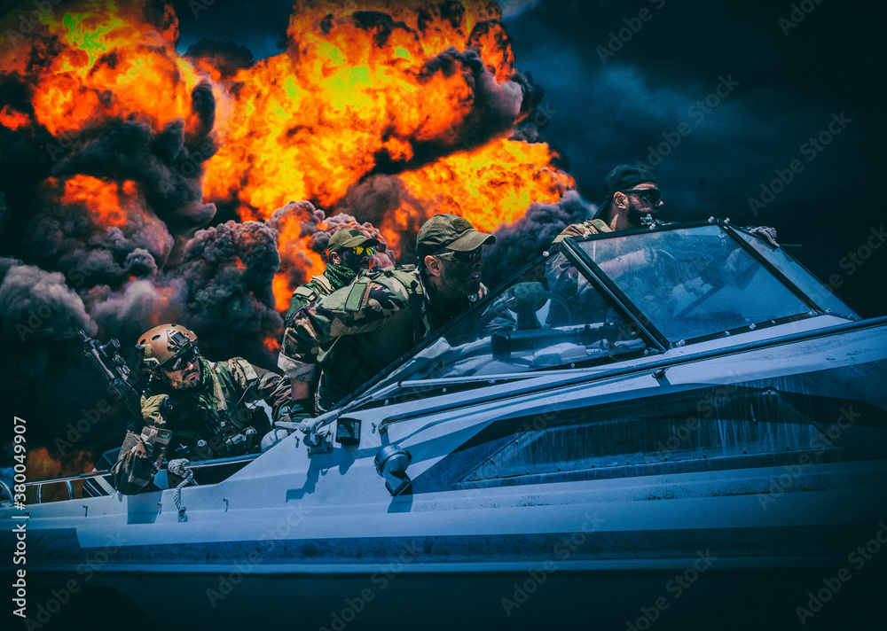 Navy SEALs team fighters rushing on speed boat, breaking through enemy ...