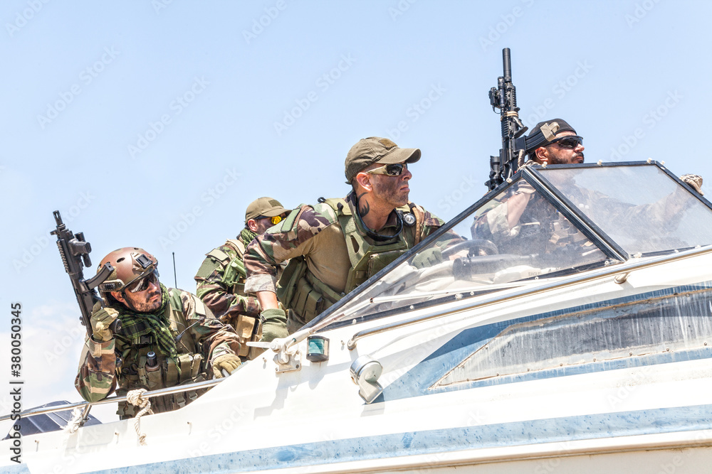 Navy SEALs team fighters, army special operations soldiers squad, in ...