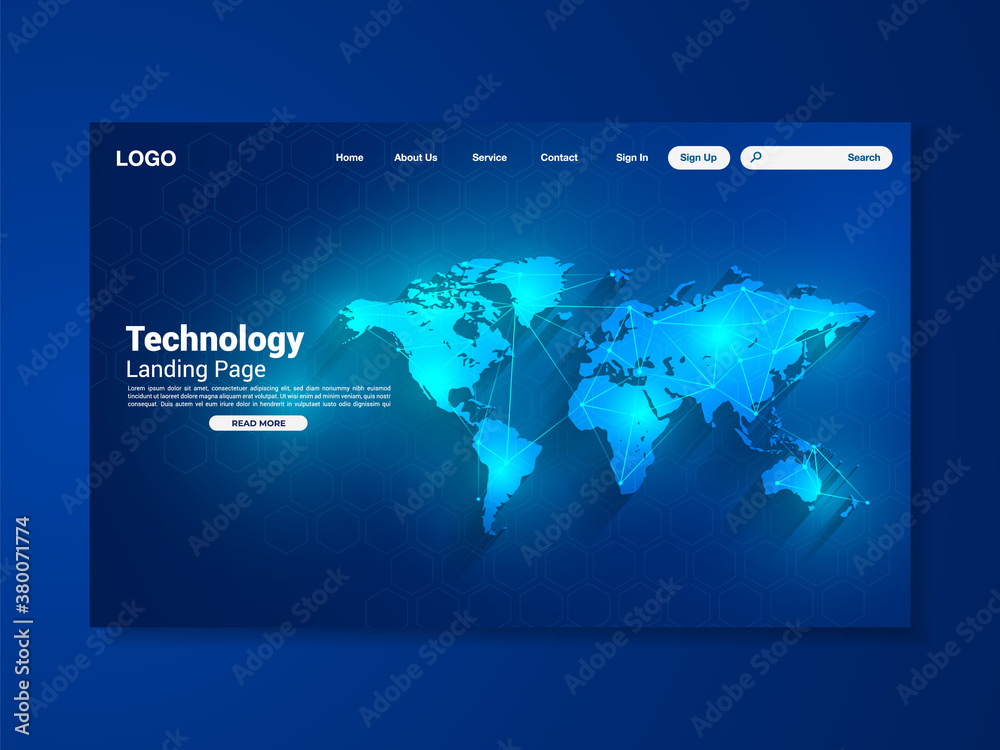 World map network technology landing page with world map, interface ...