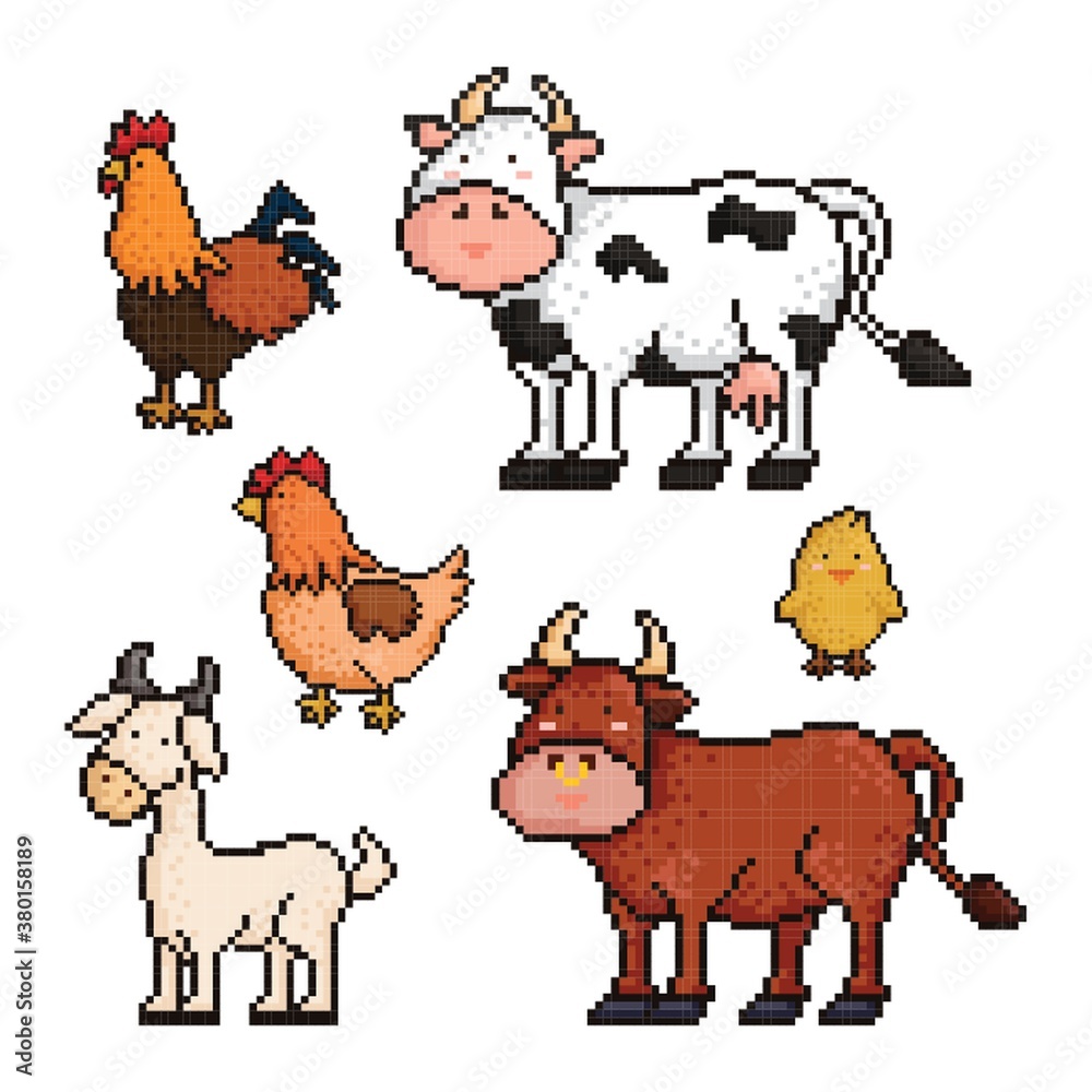 collection of pixel art farm animals Stock Vector | Adobe Stock