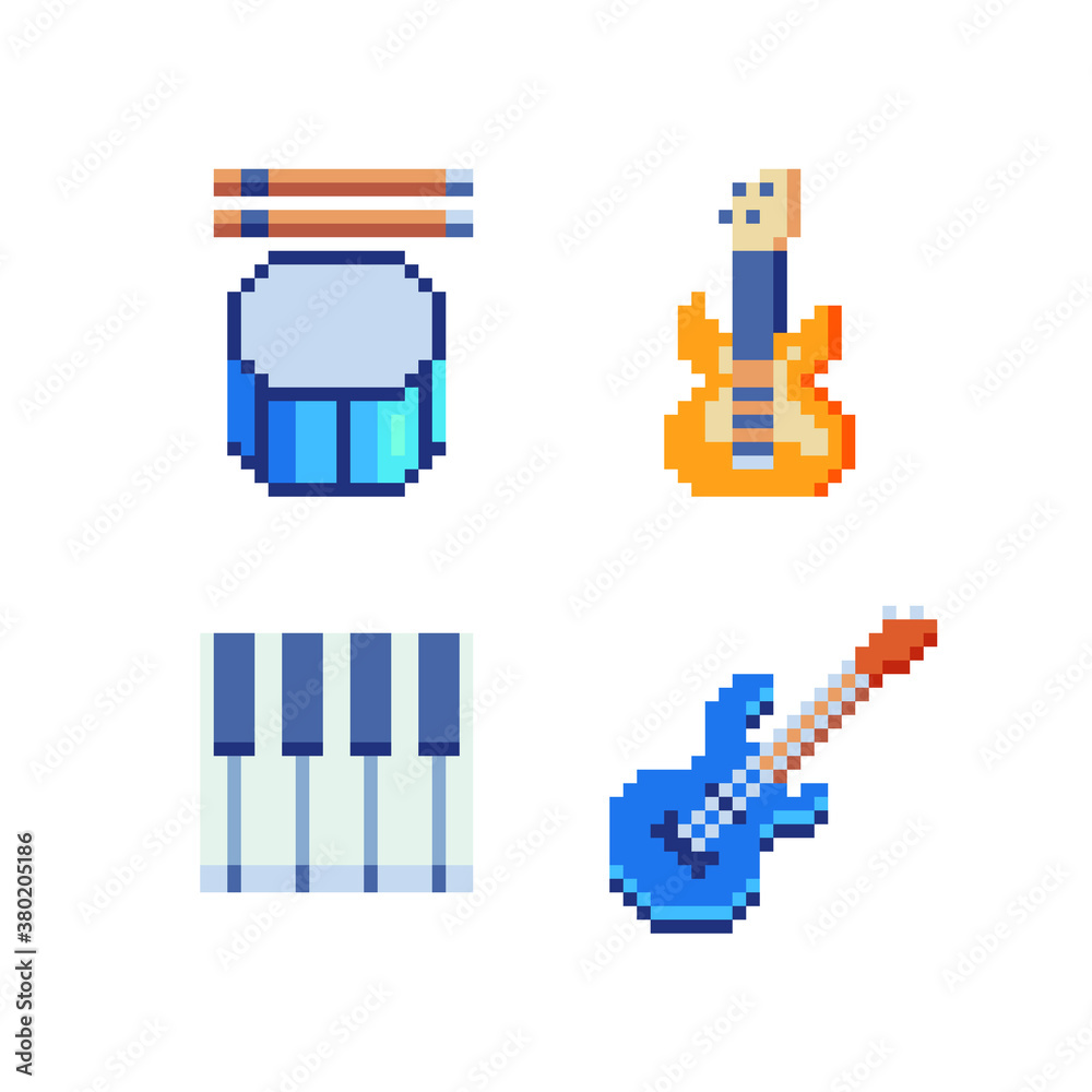 Guitar, piano and drum musical instrument pixel art icons set. Isolated ...