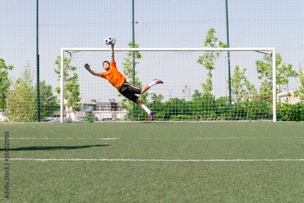 Goalkeeper stopping a ball during a soccer match Stock Photo | Adobe Stock