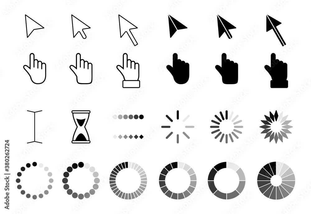 Web arrows cursors, mouse clicking and grab hand pixel icon. Computer pointers, internet cursor ...
