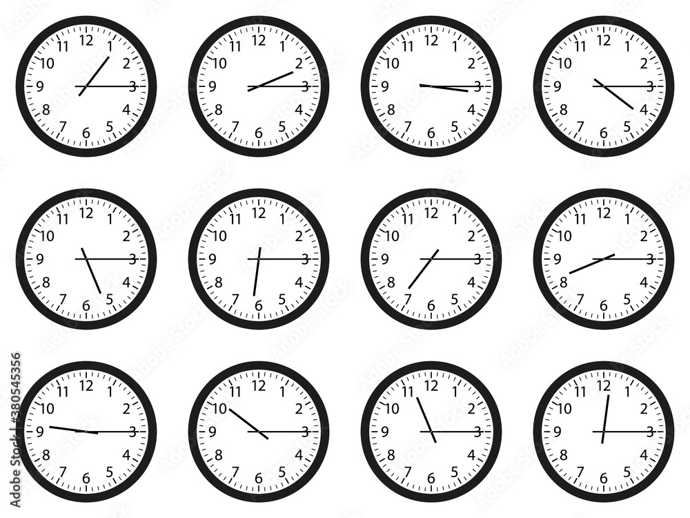 Set of analog wall clocks with black frame and hands. Flat style vector ...